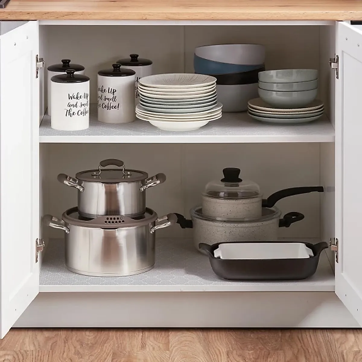 Shelf Liner and Drawer Liner, 12IN x 20FT Non-Slip Kitchen Cabinet Liner, Non-Adhesive Waterproof Durable EVA Cupboard Liner with Print for Shelves, Refrigerators, Cabinets and Storage