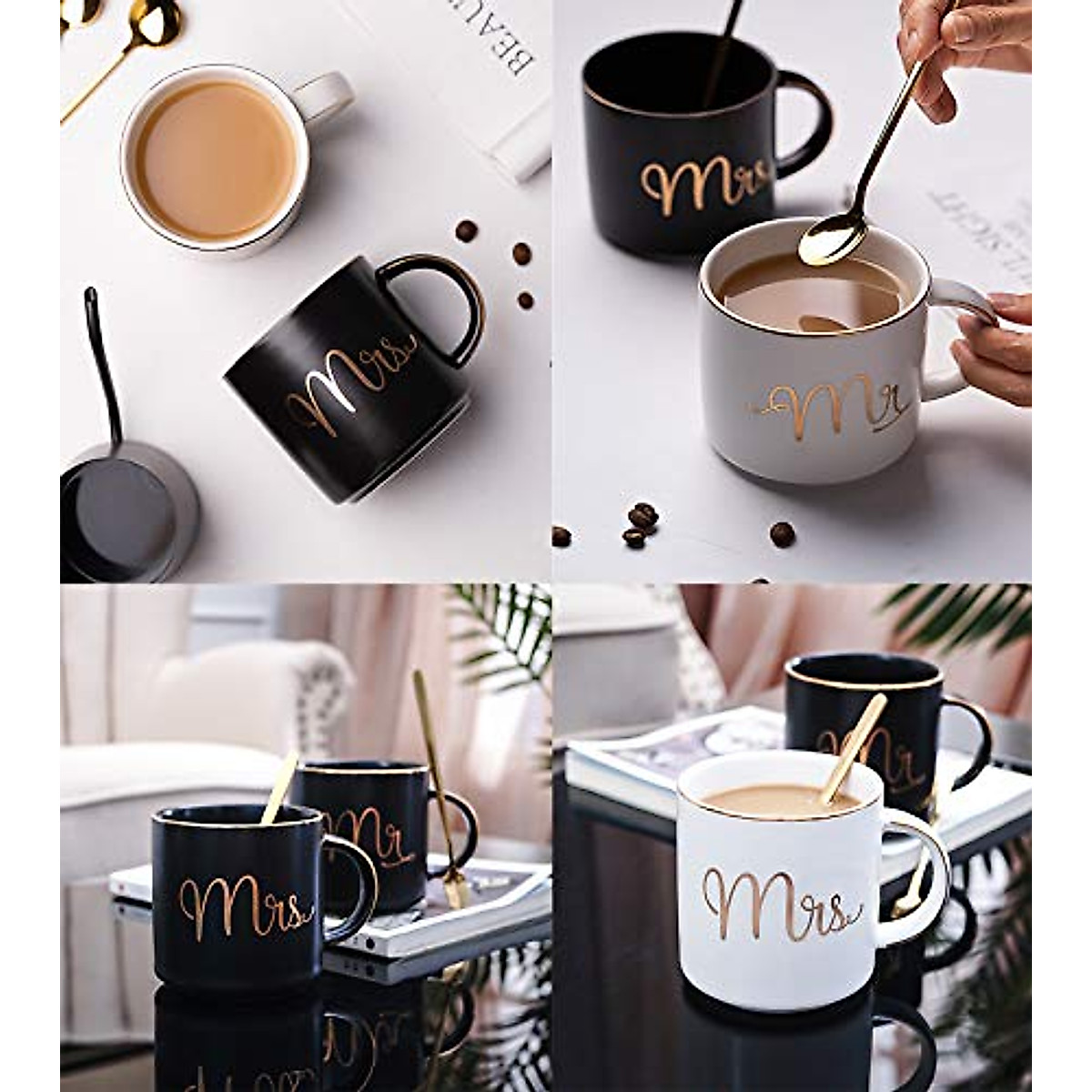 Yesland 12 oz Mr and Mrs Mug, Ceramic Coffee Mug for the Couple, Ideal Gift for Engagement, Anniversary, His and Hers, Bride and Groom, Valentines and Christmas Gifts - Set of 2 (Black & White)