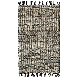 SAFAVIEH Vintage Leather Collection Accent Rug - 4' x 6', Grey, Handmade Boho Fringe Leather & Jute, Ideal for High Traffic Areas in Entryway, Living Room, Bedroom (VTL203F)