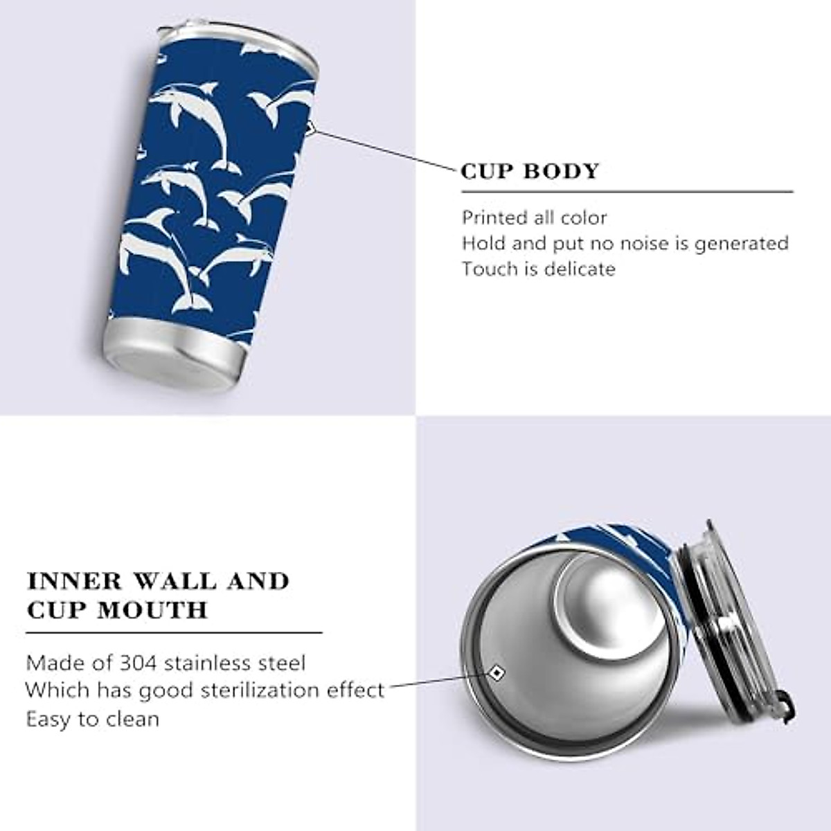 sanluoli Dolphin Silhouettes Blue and White Stainless Steel cups with lids reusable with Straw Lid leak proof coffee travel mug for outdoor portable Vacuum Insulated Tumbler 20 OZ