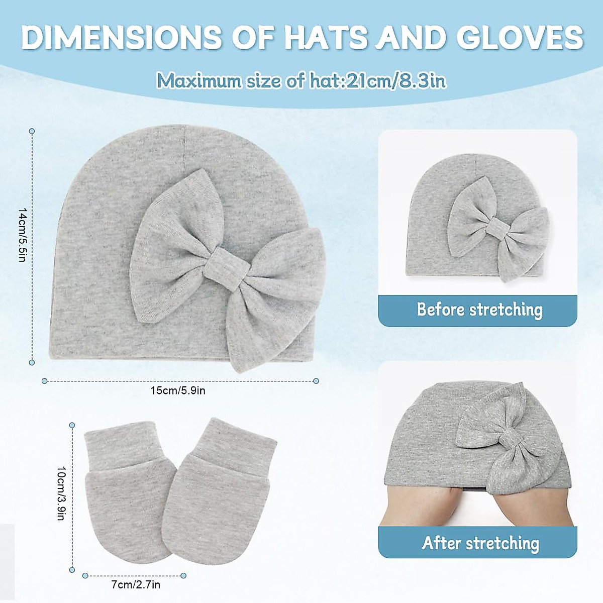 ZURLEFY Baby Girl Hats and Mittens Set for 0-6 Months, Newborn Hospital Hats with Bow for Infant Baby No Scratch Cotton Mittens Set(31-08)