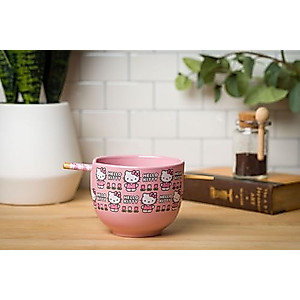 Silver Buffalo Sanrio Hello Kitty Flowers Pattern Ceramic Ramen Noodle Rice Bowl with Chopsticks, Microwave Safe, 20 Ounces