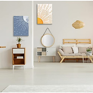 Creoate Boho Wall Decor Art 2 Pieces Sun and Moon Picture Canvas Print Framed Set Artwork for Minimalist Home Decor, Modern Boho Wall Art, 12x16 Inch x2pcs