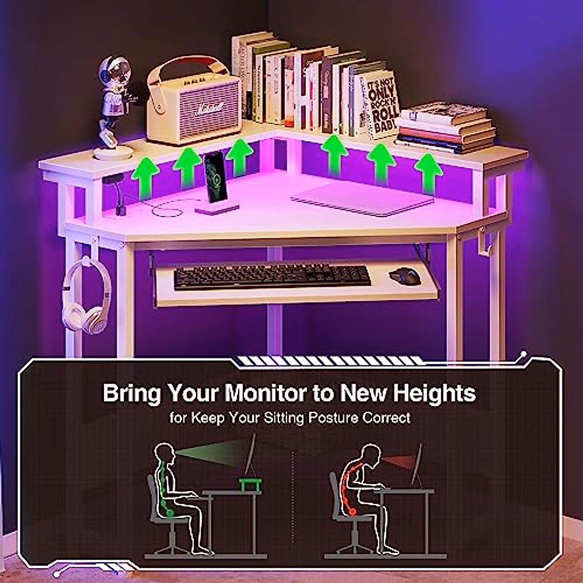 Rolanstar Corner Desk, 44.5"W x 34.5"H Small Computer Desk with Power Outlets & LED Lights, Triangle corner computer desk with Keyboard Tray & Monitor Stand for Small Space, Small Office Desk, White