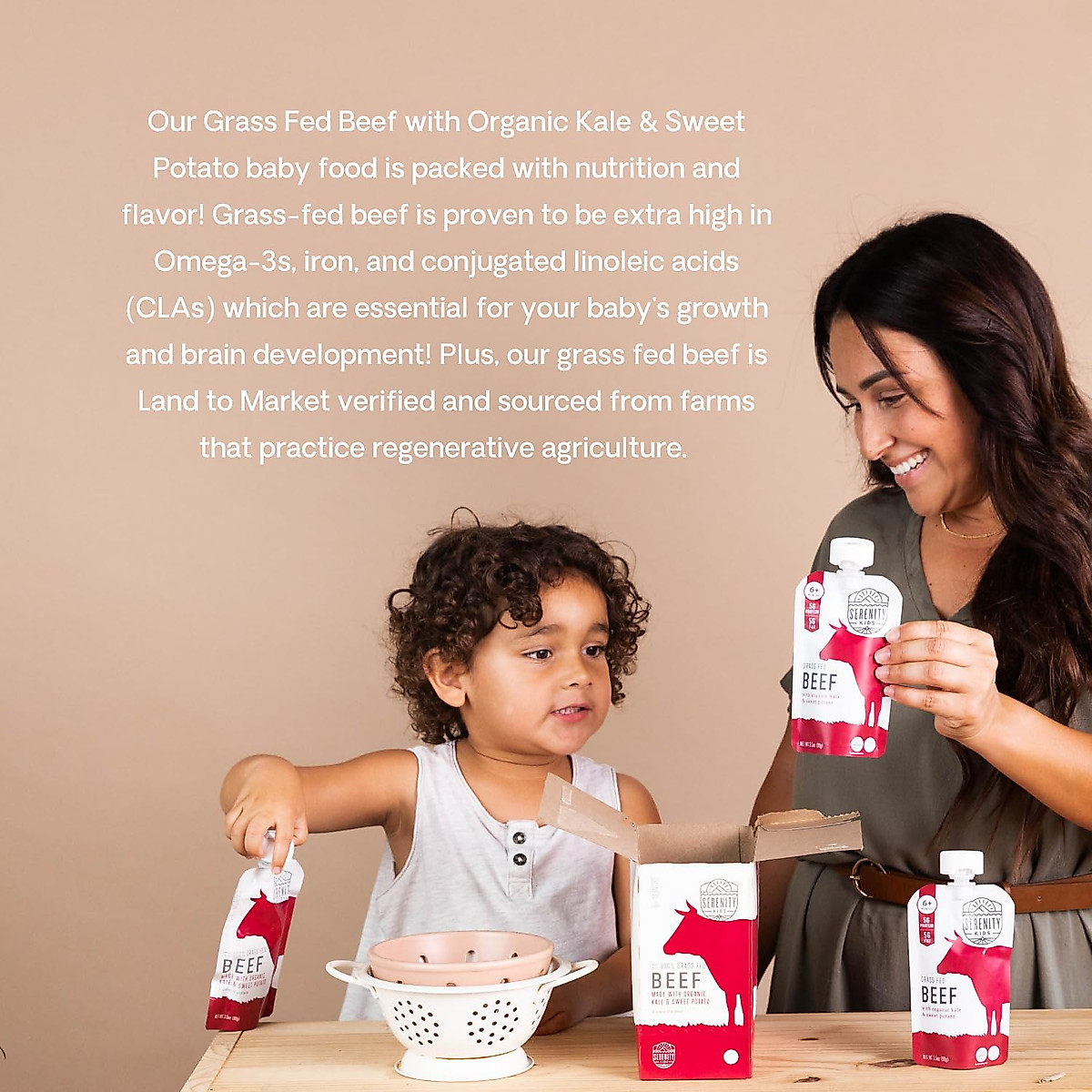 Serenity Kids 6+ Months Baby Food Pouches Puree Made With Ethically Sourced Meats & Organic Veggies | 3.5 Ounce BPA-Free Pouch | Grass Fed Beef, Kale, Sweet Potato | 1 Count