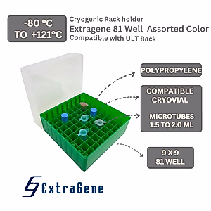 ExtraGene™ 81 Place Plastic Freezer Storage Box (Cryogenic Rack holder) for Microcenrifuge tubes 1.5/2 ml and Cryovials Assorted Color 5/Pack