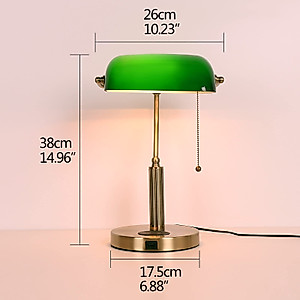 FIRVRE Glass Bankers Desk Lamp USB Wireless Charging Port LED Desk Lamp Classic Retro Pull Chain Switch Table lamp Reading Modern for Home Office nightstand Bedside Study Desk Library (Green)