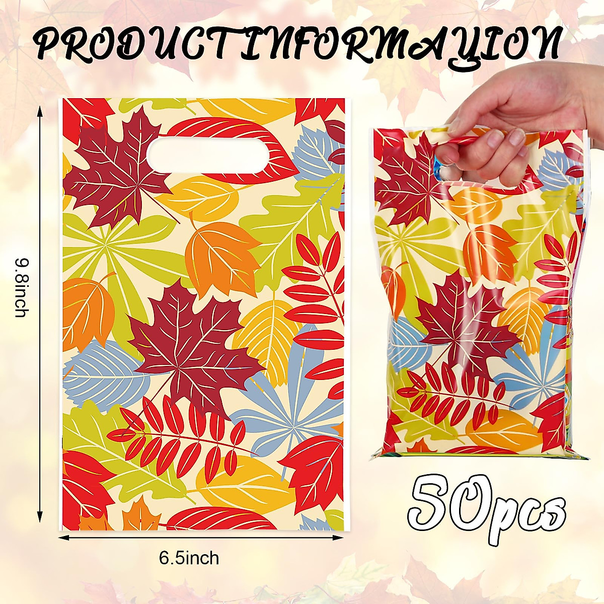 Whaline 50Pcs Fall Party Favor Bags Plastic Treat Bags with Handles Maple Leaves Decorative Goodie Candy Bags for Autumn Thanksgiving Party Gift Wrapping Supplies
