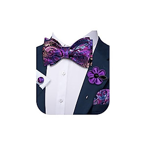 YOHOWA Mens Bow Tie Set with Lapel Pin Brooch Purple Blue Silk Self Tie Bowtie Handkerchief Cufflinks Formal Wedding Party Prom