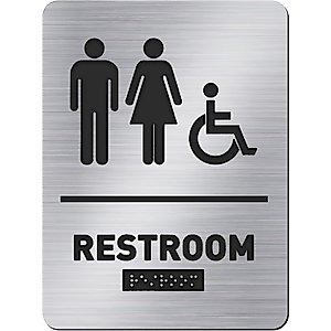 All Gender Restroom Sign with Braille - Handicap Bathroom Sign - Raised Letters & Braille -ADA-Compliant Exit Signs for Businesses - Adhesive Mounting Strips - 8x6 Inch