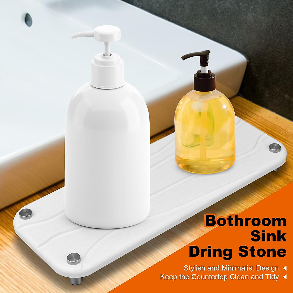 2 Pack Home Sink Caddy, Instant Dry Bathroom Sink Organizer, Fast Drying Diatomaceous Earth Stone Sink Tray Dish for Soap Sponge Holder Toothbrush Cup, Stainless Steel Feet with Rubber Bottom, White