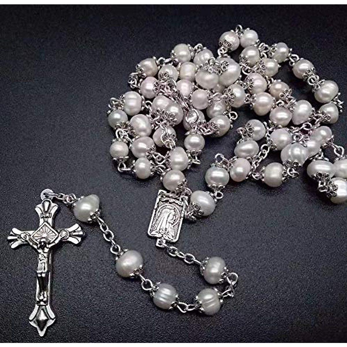 Jirehjill Rosary Beads Catholic for Woman - Pink Natural Real Pearl Rosary Beads.