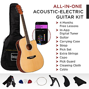 Best Choice Products Beginner Acoustic Electric Guitar Starter Set 41in w/All Wood Cutaway Design, Carrying Case, Strap, Picks, Cable - Natural