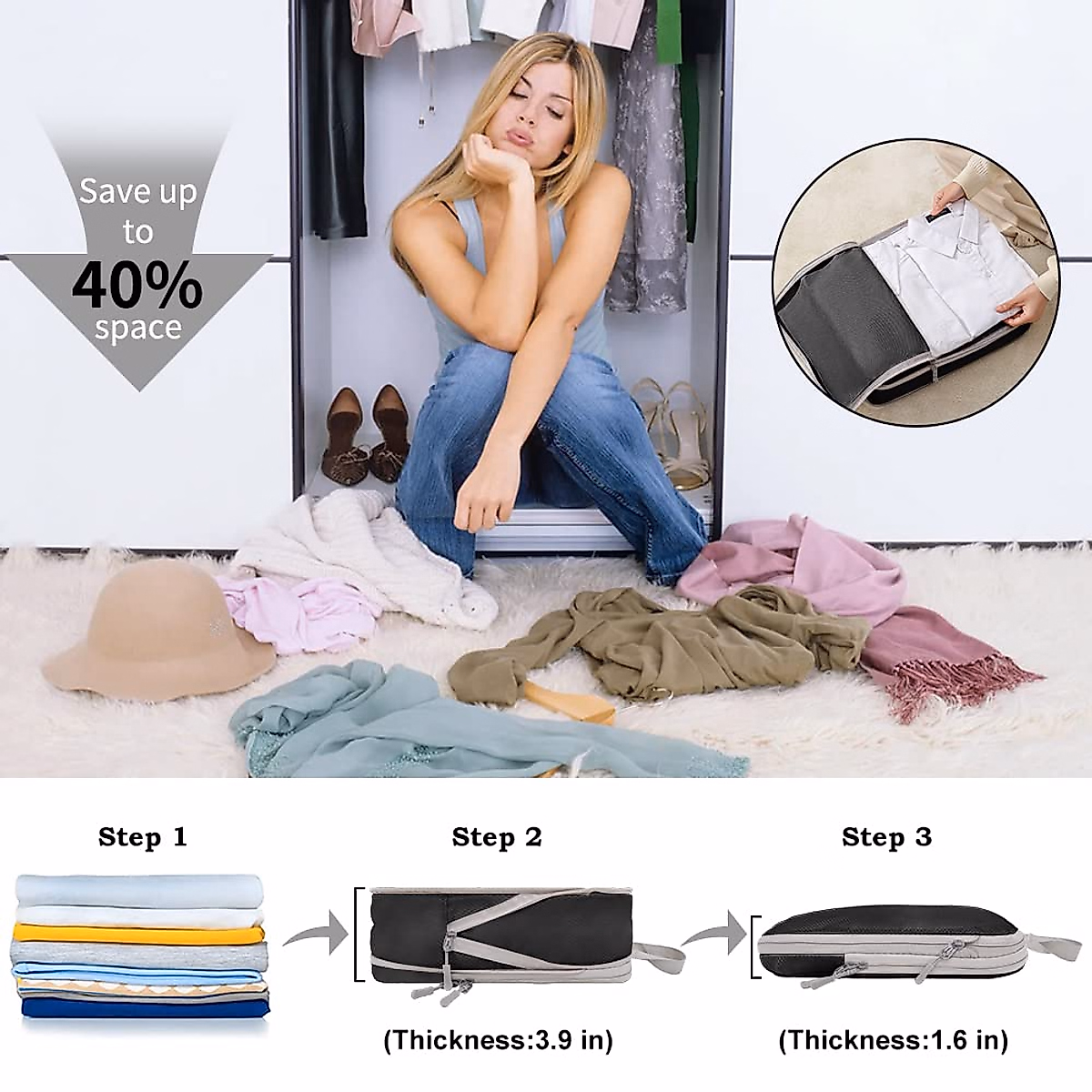 Compression Packing Cubes for Travel, 4 Pack Expandable Storage Bag Luggage Packing Organizers Compression Cubes for Suitcases Backpack (4 Set) (black)