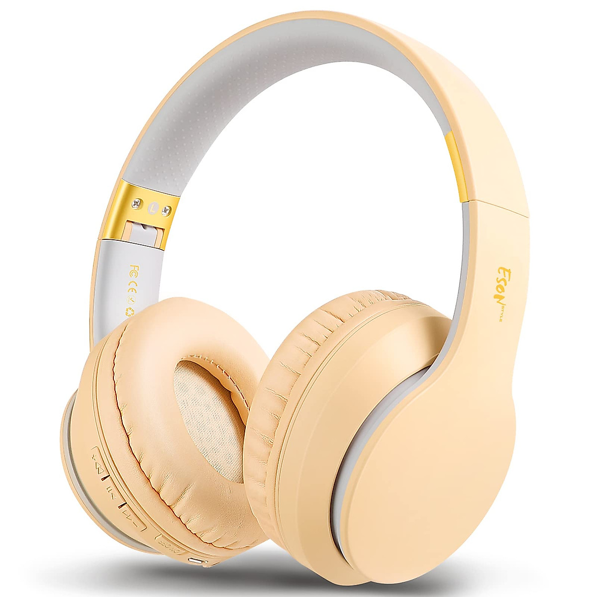 esonstyle Bluetooth Headphones Over Ear Foldable Wireless and Wired Stereo Headset with Mic Soft Earmuffs Light Weight for Phone TV PC Online Class Home Office (Apricot)