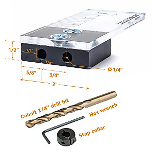 POWERTEC 71715 Dowel Drilling Jig with Depth Scale, Laser Cut Alignment Marker, Cobalt M-35 Drill Bit and Split Ring Stop Collar, 1/4-inch