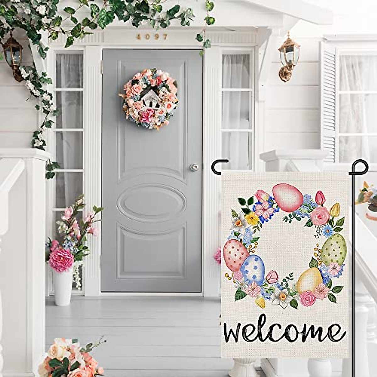 Welcome Easter Garden Flag 12x18 Inch Burlap Double Sided Outside, Easter Eggs Sign Yard Outdoor Small Decoration DF214