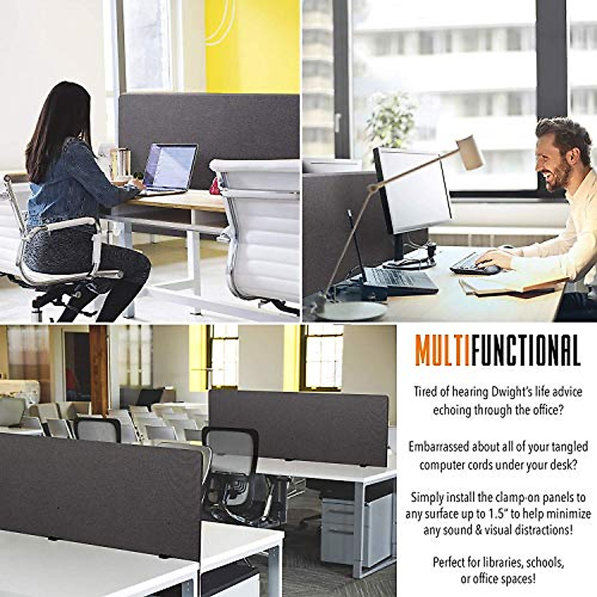 Stand Steady ClipPanel Desk Mounted Privacy Panel | Height Adjustable Desk Divider| Easy Clamp on Privacy Screen or Modesty Panel - Reduces Up to 85% of Noise | (Charcoal / 60" x 24")