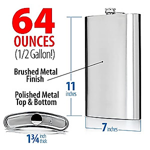 Maxam Jumbo Stainless Steel Flask, Dishwasher Safe Extra Large Drinking Flask, Polished Silver, 64 Ounce Capacity
