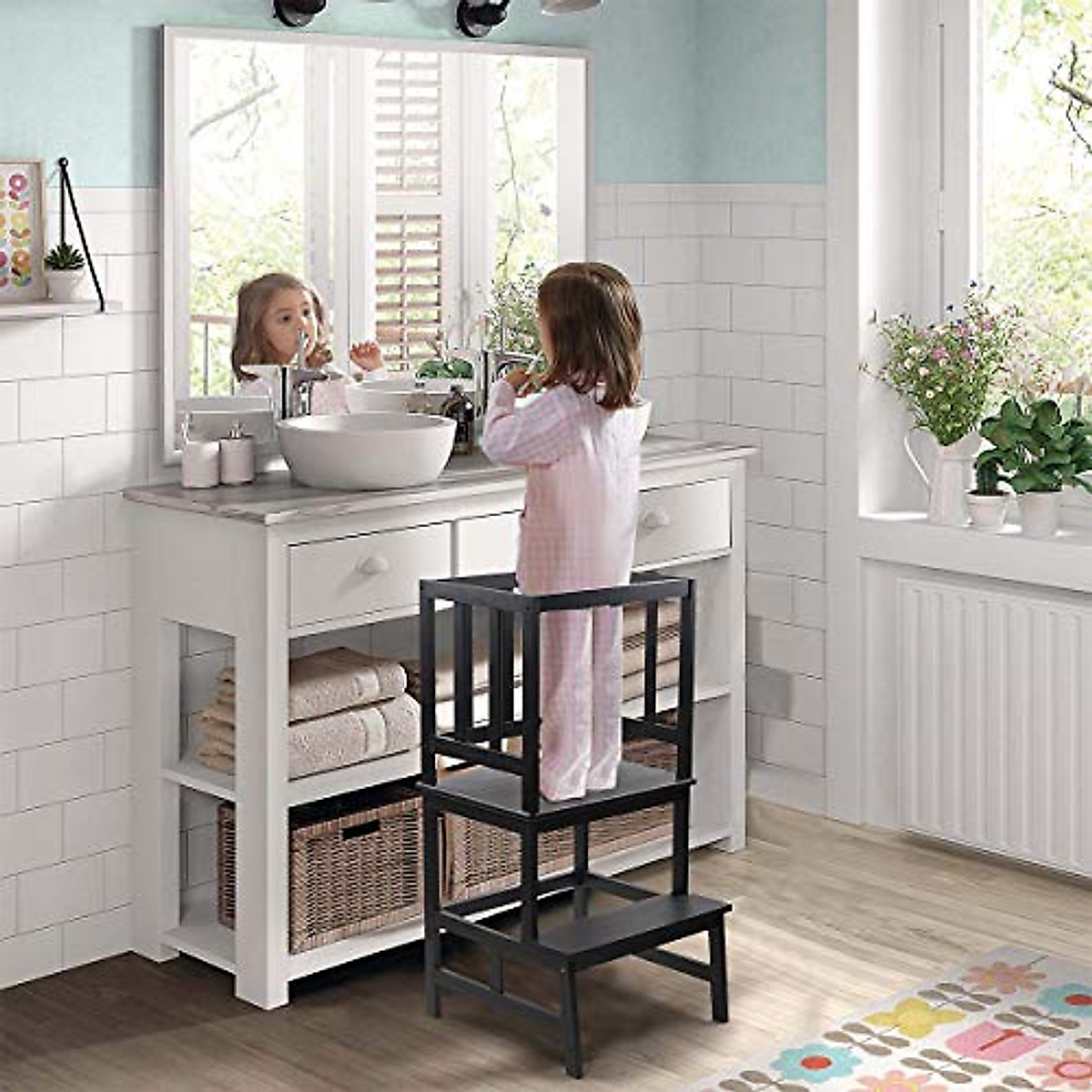 SUNYAO Kids Kitchen Step Stool with Safety Rail - Bamboo Step Stool for Toddlers Age 18 Months and Older, Black Color