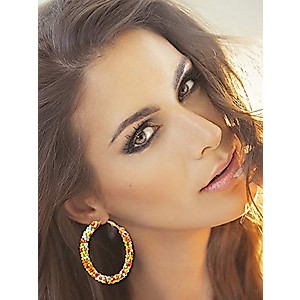 6 Pairs Bohemian Beaded Hoop Earrings Women Colorful Handmade Large Circle Dangle Drop Earrings for Women(Cute Colors)