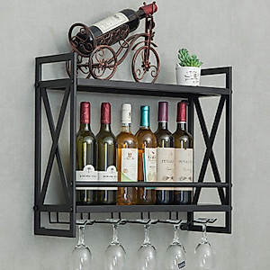 Industrial Wine Rack 14 Bottles Wall-Mounted Wine Cabinet with 5 Glasses Holder Metal Wine Storage Shelf Multi-Function Display Rack for Home Bar Restaurant Kitchen 23.6'' x7.9'' x20.5''