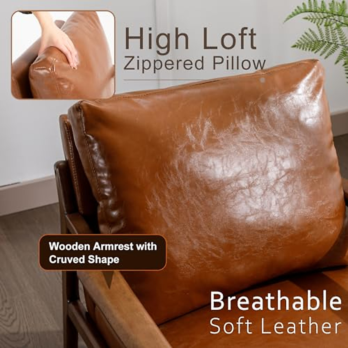 Okeysen Modern Leather Accent Chair with Solid Wood Frame,Upholstered Living Room Chairs with Waist Cushion,Comfy Reading Retro Side Lounge Arm Chair,Oversized Chairs for Bedroom Waiting Room