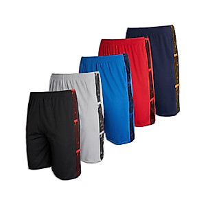 Real Essentials Boys Workout Quick Dry Shorts Youth Clothes Mesh Active Athletic Basketball Soccer Kids Pockets Running Teen Dry-Fit XL (16-18) 5-Pack