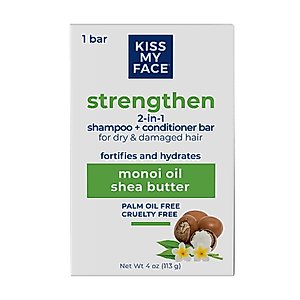 Kiss My Face Strengthen 2-in-1 Shampoo + Conditioner Bar - Palm Oil-Free, All Hair & Skin Types, Cruelty-Free Shampoo and Conditioner Bar for Dry & Damaged Hair with Monoi Oil and Shea Butter