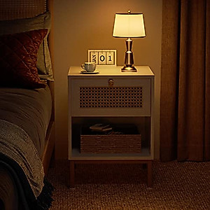 Ecoprsio Nightstands Set of 2 for Bedroom, Boho Bed Side Table with Storage Drawer, Mid-Century Modern Night Stand with Wood Finish and Rattan Drawer, End Table, Sofa Couch Side Table - White