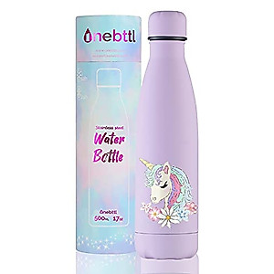 Onebttl Unicorn Gifts, Unicorn Party Supplies, Stainless Steel Water Bottle, Kids Water bottle 17oz/500ml Double Wall Vacuum Insulated Thermo Bottle PURPLE FLOWER