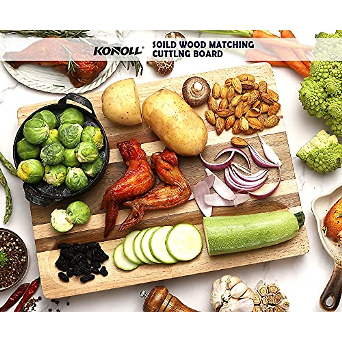 KONOLL Large Acacia Oak Wood Cutting Board for Kitchen Multipurpose Chopping Board with Juice Groove & Built-in well for Meat, Cracker, Vegetables and Cheese, 15 x 12 x 1.5 Inch