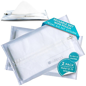 Butipods Reusable Travel Wipes Case - Portable Moisture-Retaining Pouch, Slim Holder and Convenient Container for Diaper Bag, Dispenser for Hand, Face, Makeup Removal, and Wet Wipes - Set of 2 (Clear)