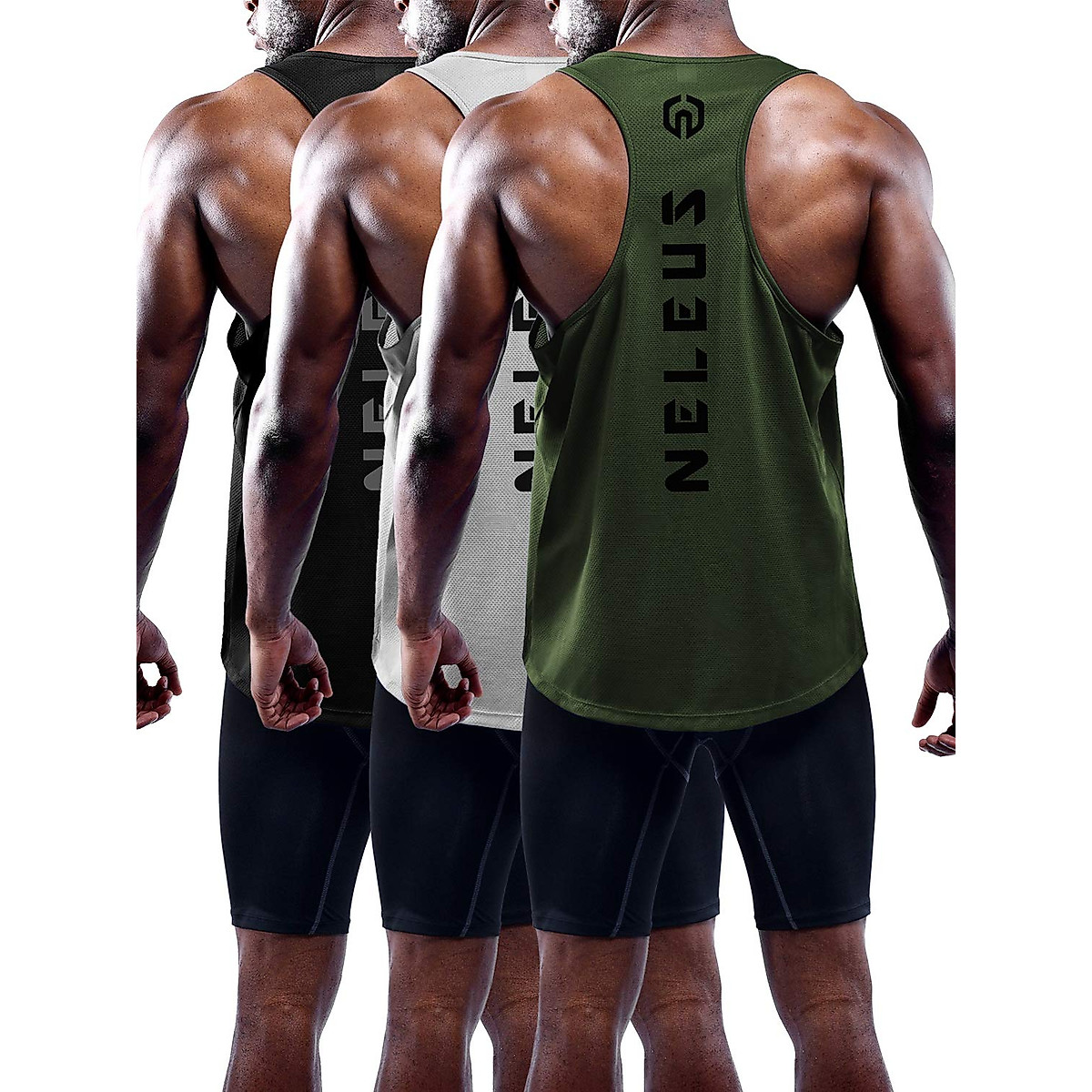 NELEUS Men's 3 Pack Dry Fit Workout Gym Muscle Tank Tops,5031,Black,Grey,Olive Green,XS