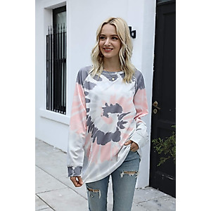 Famulily Women Tie Dye Long Sleeve Tshirt Crewneck T Shirts Long Sleeve Tops Summer Clothing(Grey,M)
