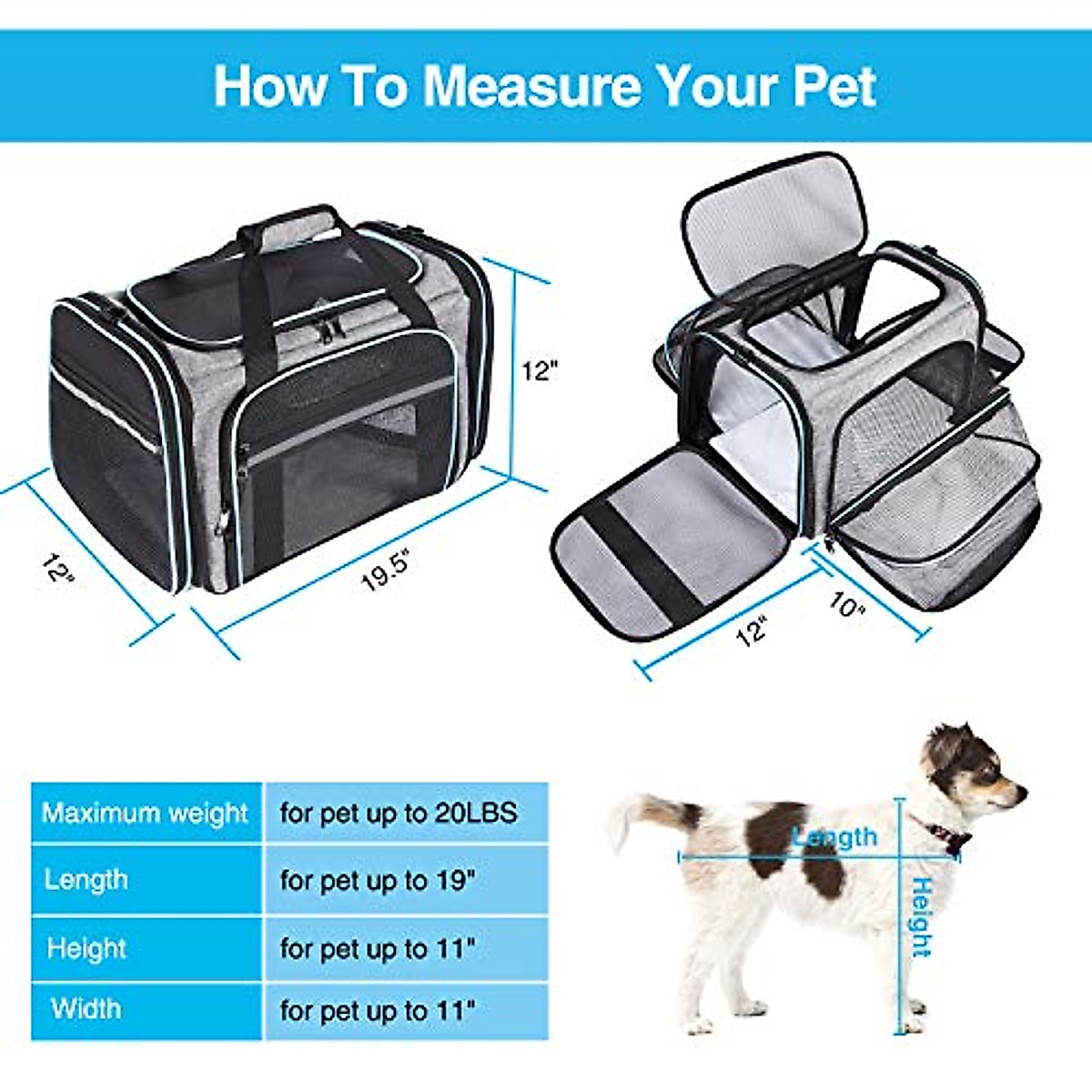 MASKEYON Airline Approved Portable Pet Carrier 2 Sides Expandable Soft-Sided Large Cats Carrier Collapsible Kennel Travel TSA Carrier 4 Doors with Removable Pads and 3 Pockets for Puppy Small Dogs