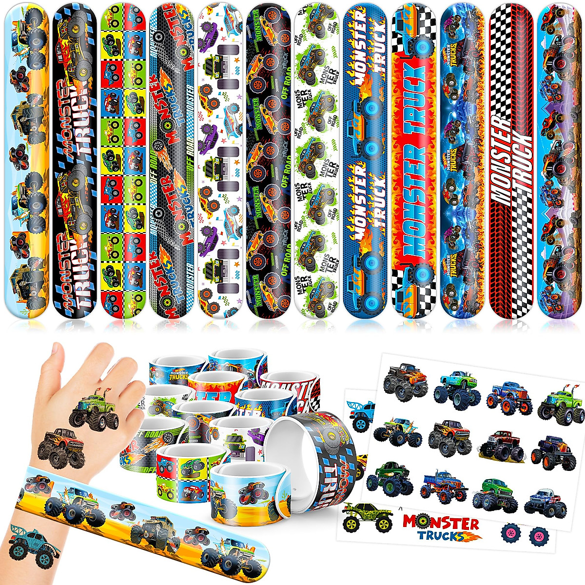 48PCS Monster Truck Party Favors - 24 Tattoos & 24 Slap Bracelets, Perfect for Big Car-Themed Birthdays, School Rewards, and Classroom Prizes for Boys & Girls