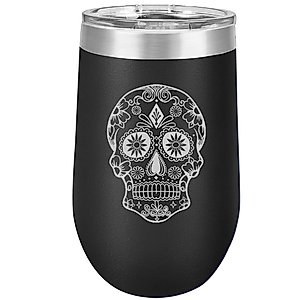 MIP Brand 16 oz Double Wall Vacuum Insulated Stainless Steel Stemless Wine Tumbler Glass Coffee Travel Mug With Lid Sugar Candy Skull (Black)