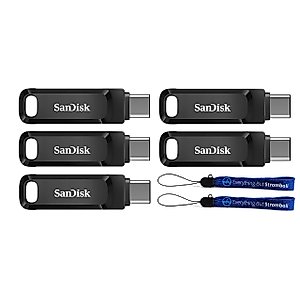 SanDisk 64GB Ultra Dual Drive Go (SDDDC3-064G-G46) 2-in-1 USB Type-A & Type-C Flash Drive - 5 Pack Bundle with 2 Everything But Stromboli Lanyards