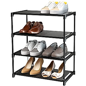 4-Tier Small Shoe Rack, Narrow Stackable Shoe Shelf Storage Organizer, Sturdy Metal Expandable Free Standing Shoe Racks for Entryway Hallway Closet Bathroom Living Room (4-Tier-Black)