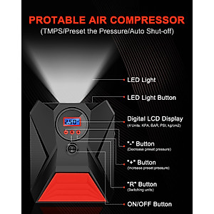Atsanc Tire Inflator, 12V DC Portable Air Compressor with Auto-Shutoff Design, 150PSI Max Fast-Inflating Electric Air Pump for Car Tires, Auto Digital Car Tire Pump with LED Light for Various Purposes