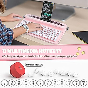 PolaTab ACTTO Retro Bluetooth Wireless Keyboard, 84 Keys Typewriter Style Keyboard with Built-in Stand for iPad, Tablet, iPhone, Smart Phone, PC, Connect up to 3 Devices (B305, Baby Pink)