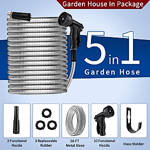 CUHBIV Metal Garden Hose 50FT,Stainless Steel Metal Hose with 10 Function Nozzle, Heavy Duty Collapsible Water Hose with Hose Holder,Kink Free & Tangle Free Flexible Garden Hoses for Outdoor