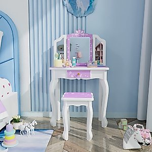 JOYMOR Kids Vanity Set, Wooden Princess Makeup Table with Stool, Tri-Folding Mirror, Large Drawer, Solid Wooden Legs Pretend Beauty Make Up Dressing Play Set for Girls Best Gift (Purple)