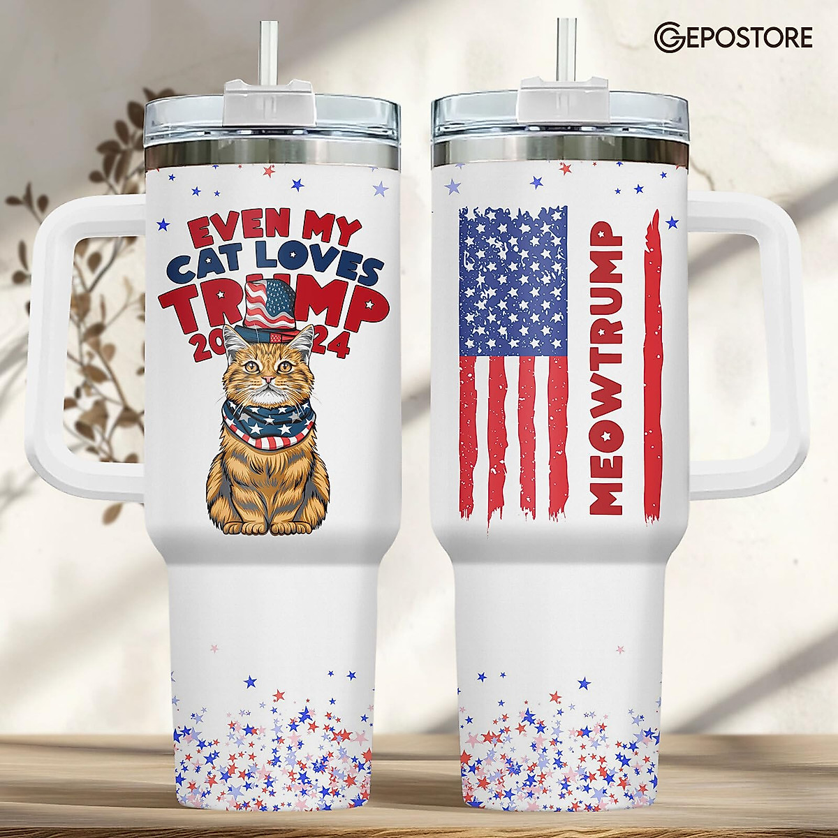 GEPOSTORE American Cat Tumbler 40oz with Handle, Meowy Cat US Flag Tumbler Cup, Patriots Gift for Cat Lovers, Birthday Gifts for Cat Mom