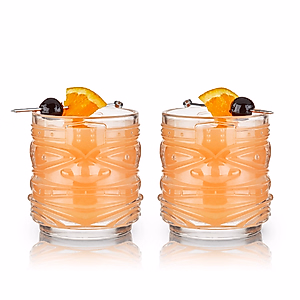 Viski Pacific Tiki Glasses Stackable Lowball DOF Tumblers, Tropical Cocktail and Bar Gifts for Rum and Whiskey, 12 Oz, Set of 2