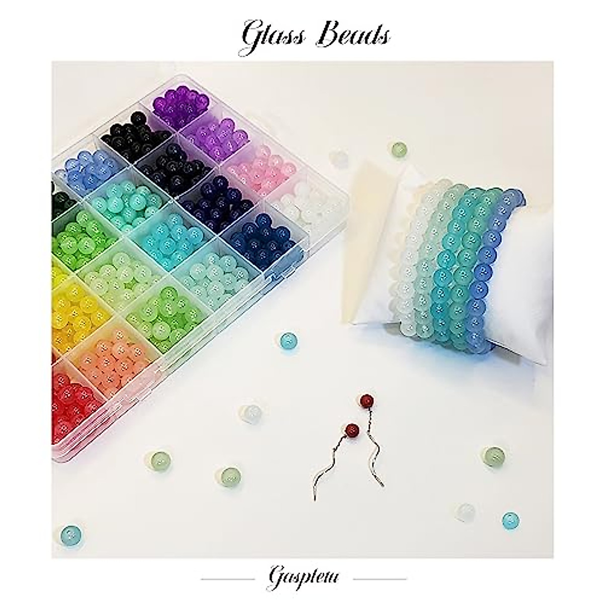 Gaspletu 1200PCS Glass Beads for Jewelry Making, 24 Colors 8mm Crystal Beads Bracelets Making Kit, 2 Box Round Beads Suitable for Beginners