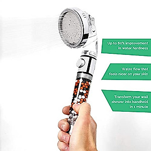 Original StoneStream EcoPower High Pressure Handheld Shower Head with ON OFF switch- 3 Spray Settings with Hose, Wall Adapter and Replacement Beads
