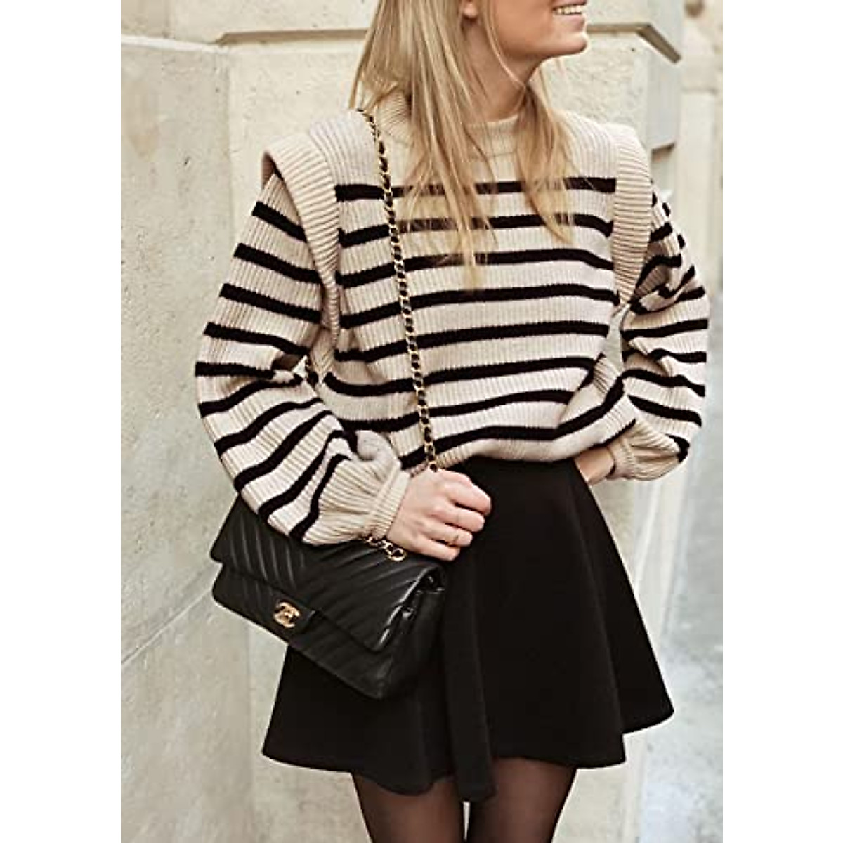 PRETTYGARDEN Women's Sweaters Casual Long Lantern Sleeve Crewneck Ribbed Knit Pullover Striped Jumper Tops Blouse (Beige Apricot,X-Large)