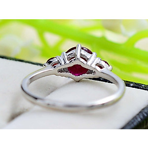 925 Sterling Silver Natural Red Ruby Gemstone 7 MM Round Cut July Birthstone Three Stone Cluster Unisex Ring For Birthday Gift (Rhodium Plated Silver, 6)